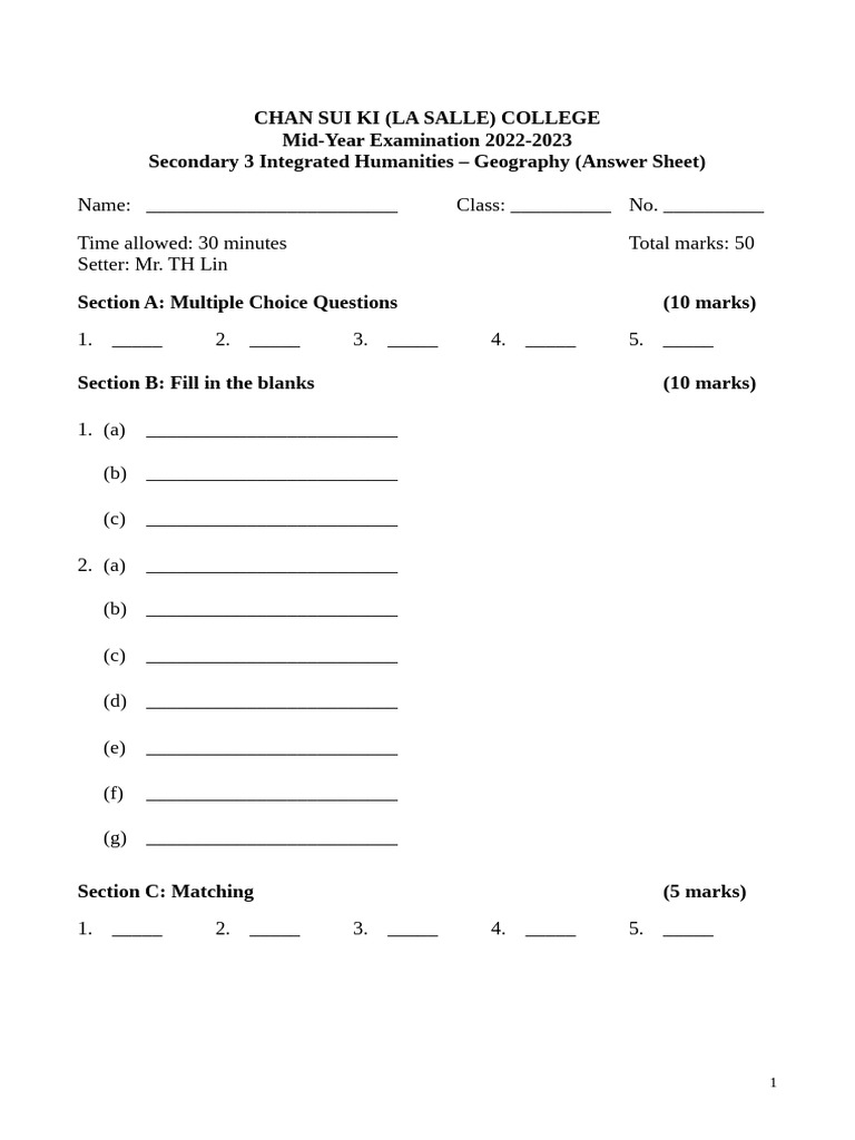 2223 MYE S3 IH - Geography Answer Sheet | PDF | Teaching Methods ...