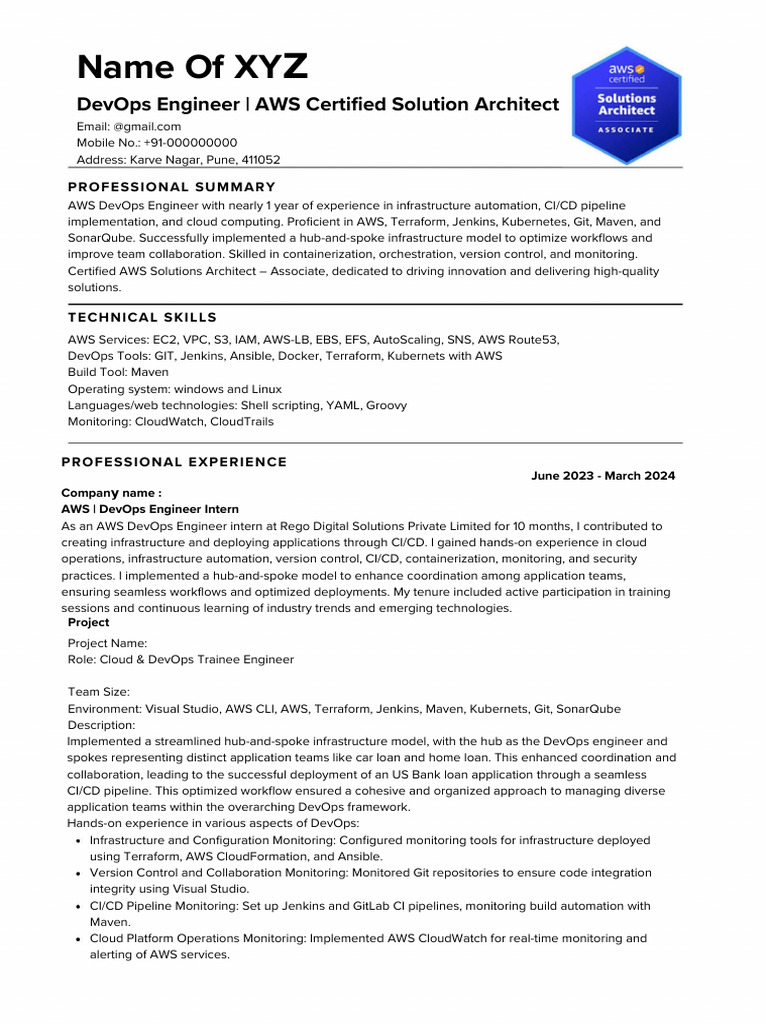 AWS + Devops Project Resume Format | PDF | Amazon Web Services | Software Development