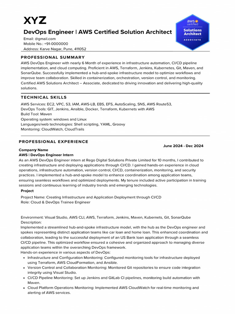 AWS DevOps Engineer Fresher Resume | PDF | Amazon Web Services | Information Technology