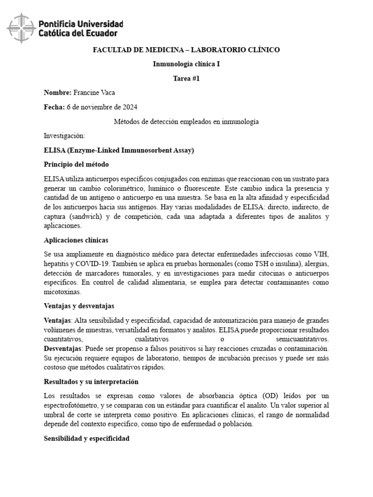 Tarea Métodos de Detección - Francine Vaca | PDF | Reacción en cadena de la polimerasa | Elisa