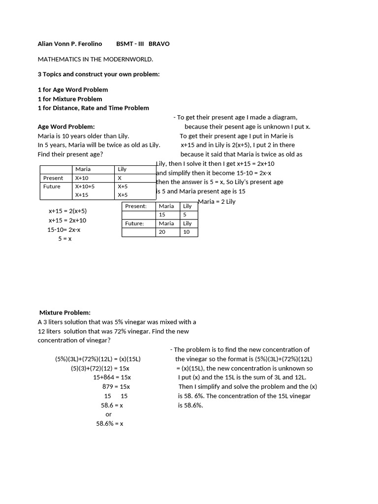 How To Solve: Age Word Problem, Mixture Problem, Distance, Rate and Time Problem | PDF | Mathematics