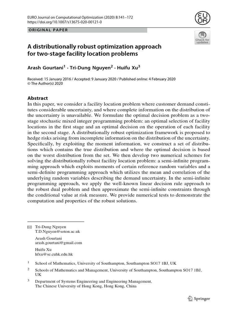 A Distributionally Robust Optimization Approach For Two-Stage Facility Location Problems | PDF ...