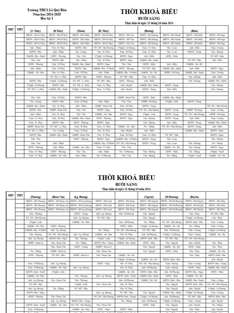 TKB BUOI SANG THUC HIEN TU 21 10 2024 d28d8 | PDF