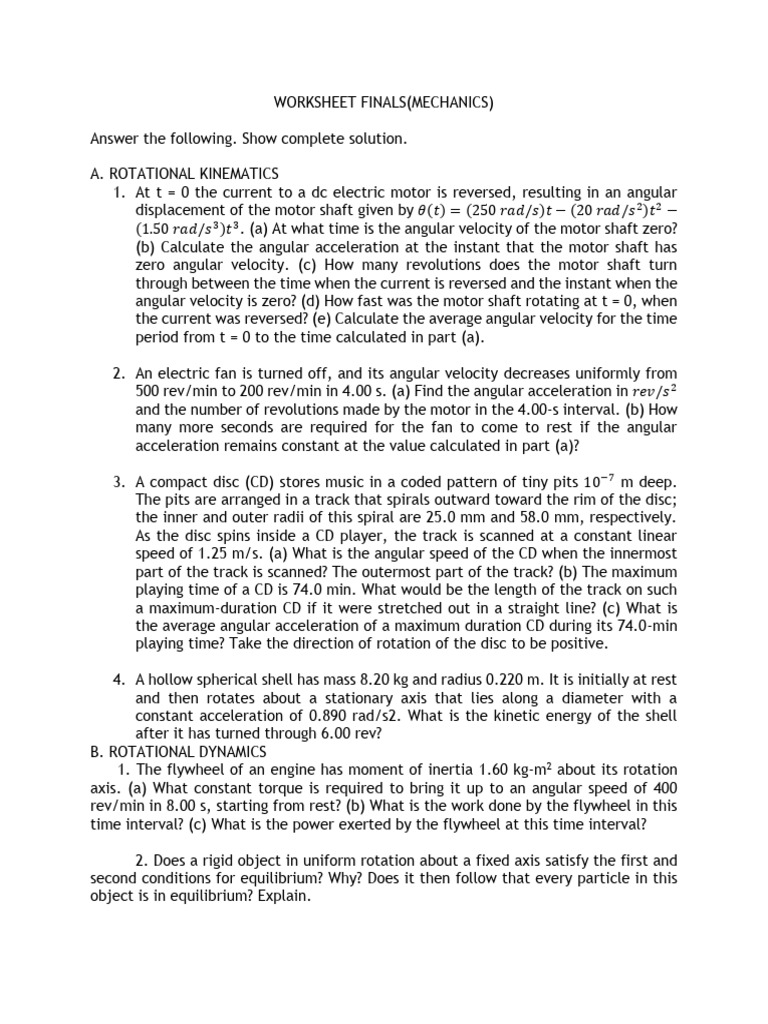 Worksheet Rotational Motion | PDF | Rotation Around A Fixed Axis ...