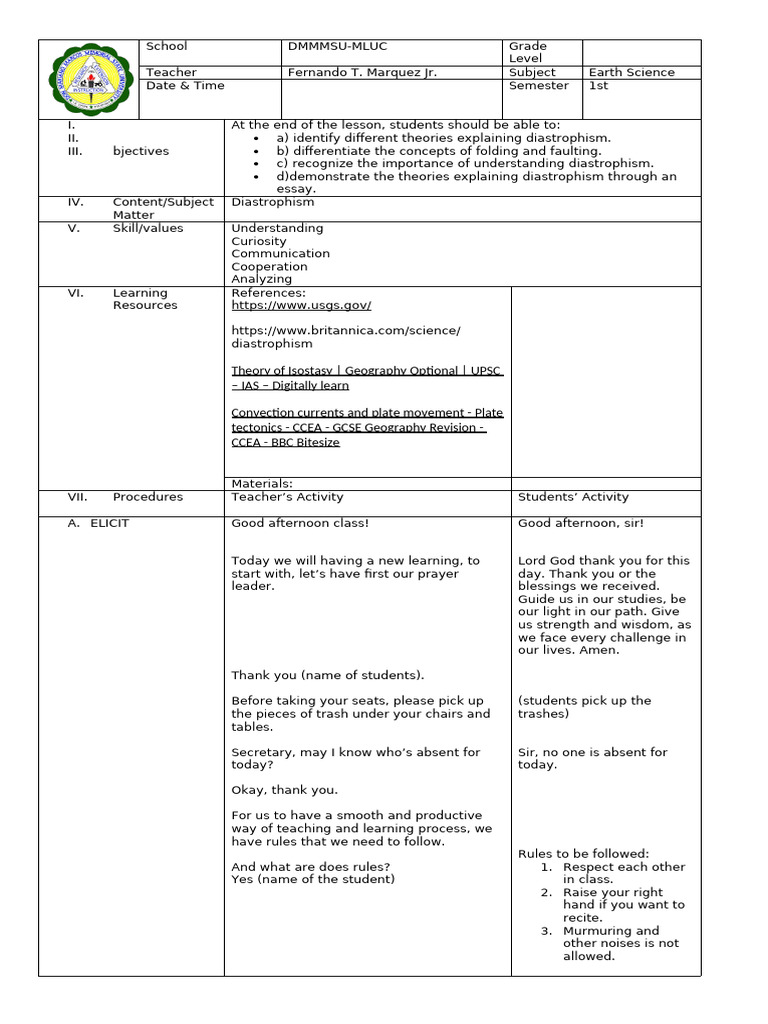 Diastrophism Lesson Plan Draft | PDF | Plate Tectonics | Fault (Geology)