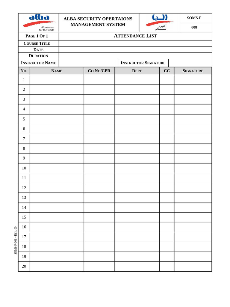 Security Attendance List (Rev 00) | PDF