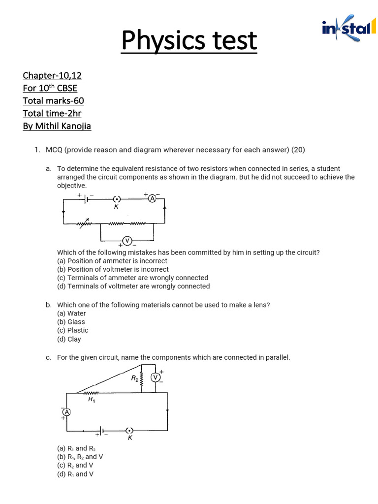 10th CBSE PHY Chap-10,12 Test | PDF | Series And Parallel Circuits ...