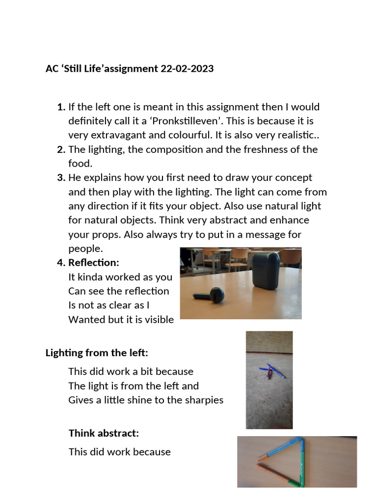 AC Still Life Prelim, Assign and Reflection | PDF | Still Life | Visual ...