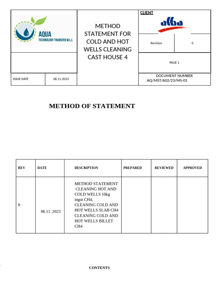 Alba Method of Statement (Cold and Hot Wells Tank Cleaning) | PDF ...