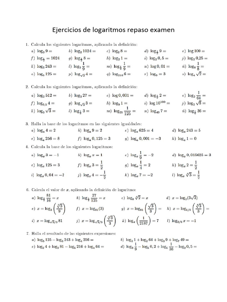 Ejercicios Repaso Logaritmos Examen | PDF