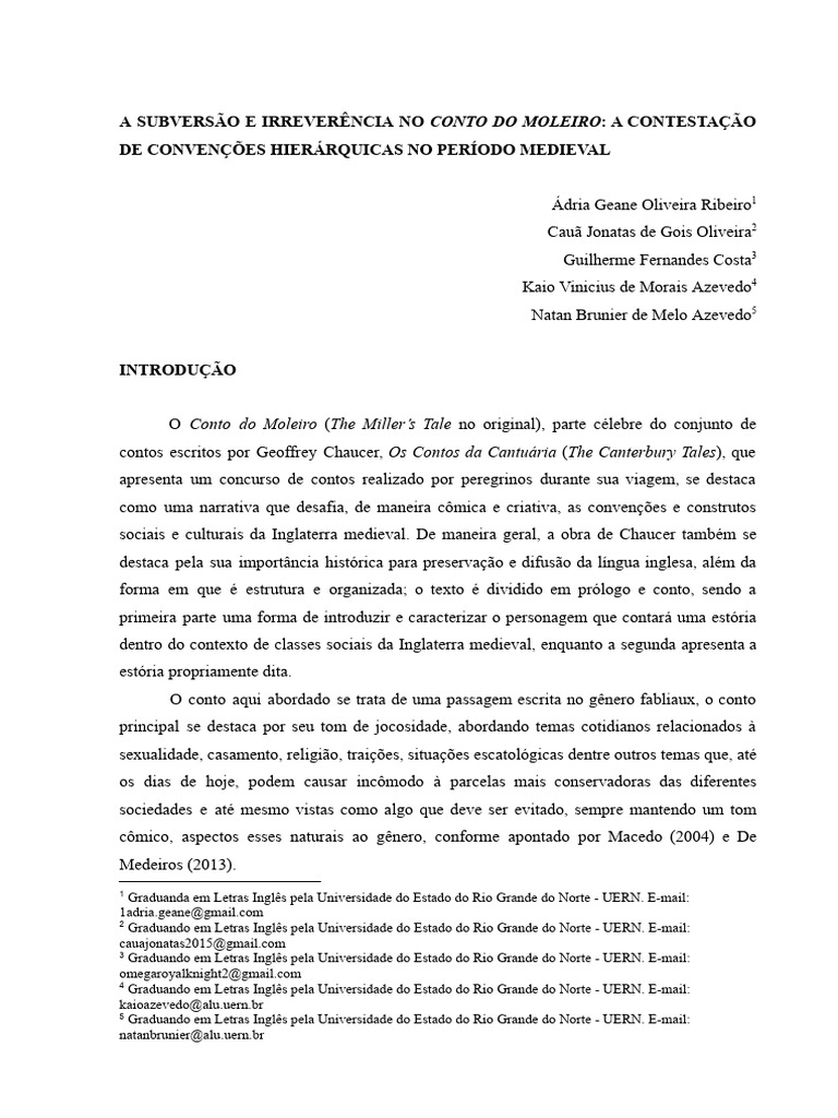 A Subversão e Irreverência No Conto Do Moleiro - A Contestação de ...