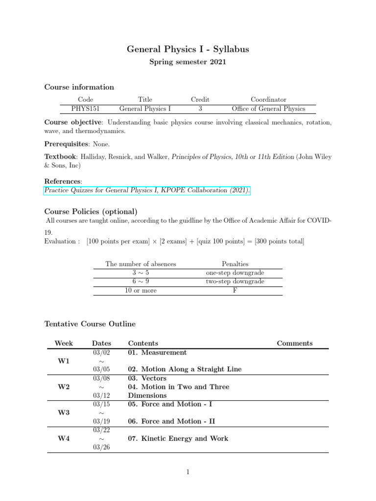 PHYS151 (01) 강의계획서 | PDF | Force | Momentum