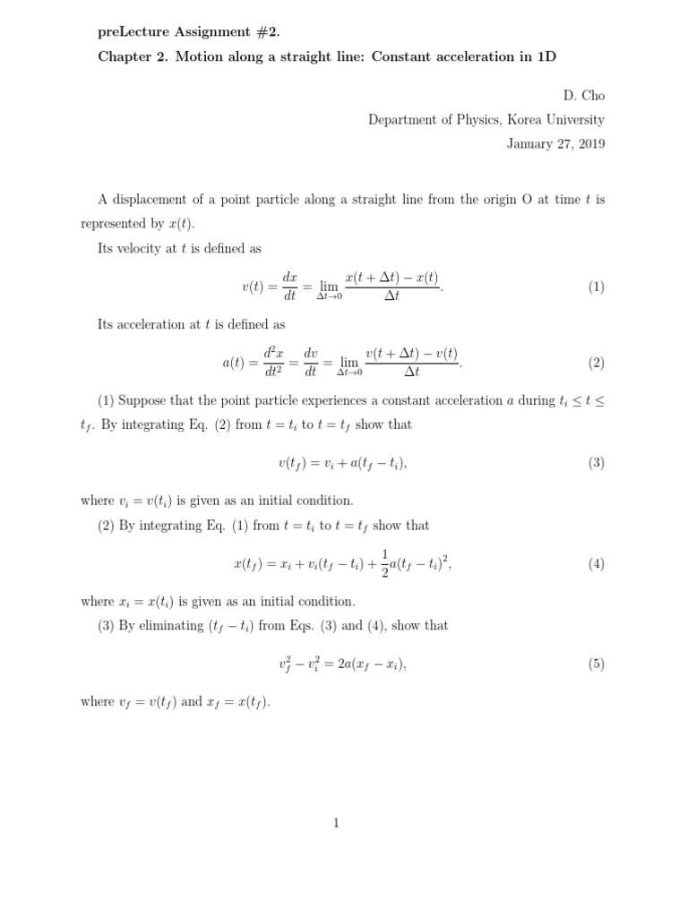 Prelecture Assignment #2. 1D Motion | PDF