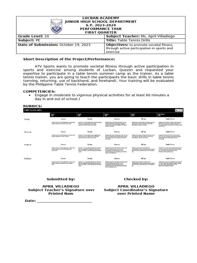 Pe 10 PT Quarter 1 Table Tennis | PDF