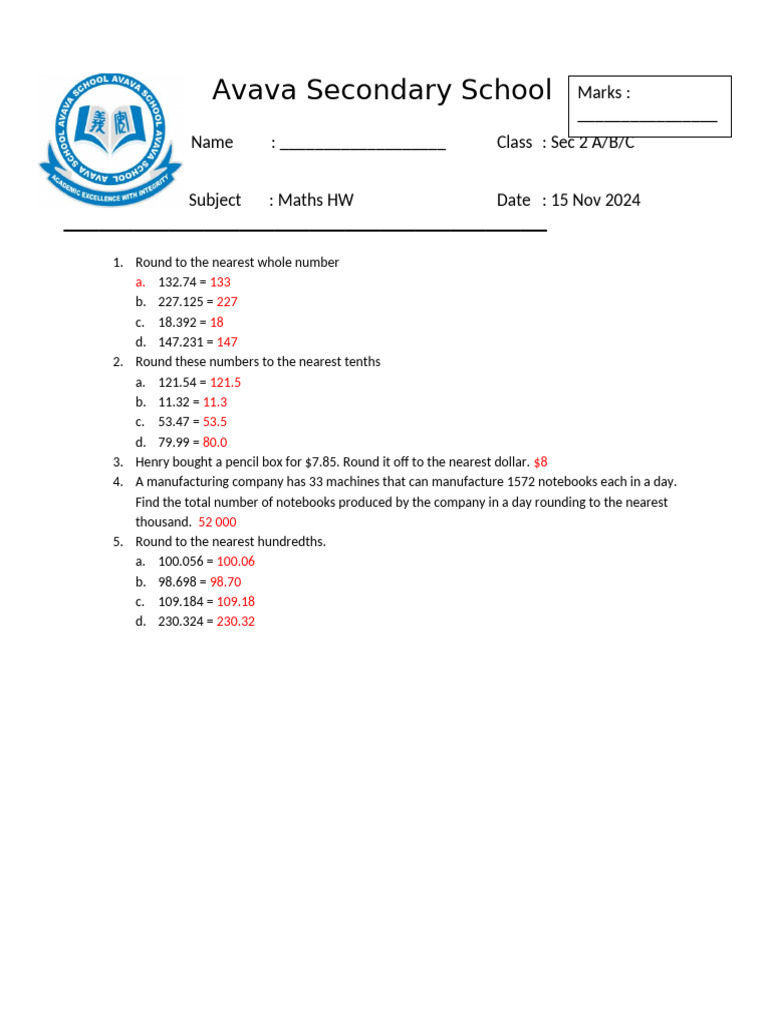 Maths Homework Answer Key | PDF