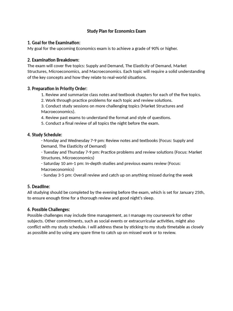 Study Plan For Economics Exam Example | PDF | Art