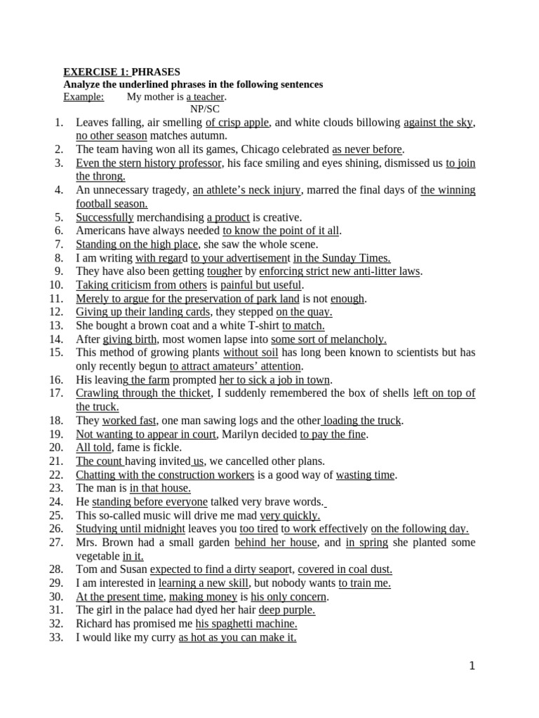 Exercises On Syntax (Phrases, Clauses, Sentences, Functional and Position Classes | PDF ...