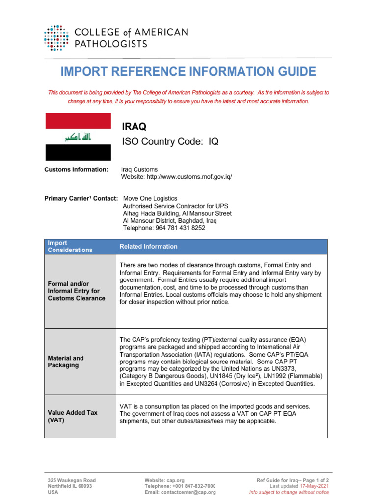 Cap Import Ref Info Guide Iraq | PDF | Customs | Value Added Tax