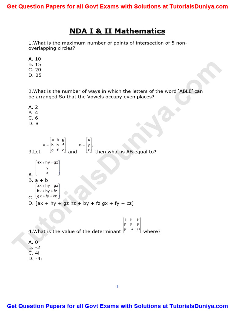 NDA Mathematics Previous Year Question Paper 2020 | PDF | Triangle ...
