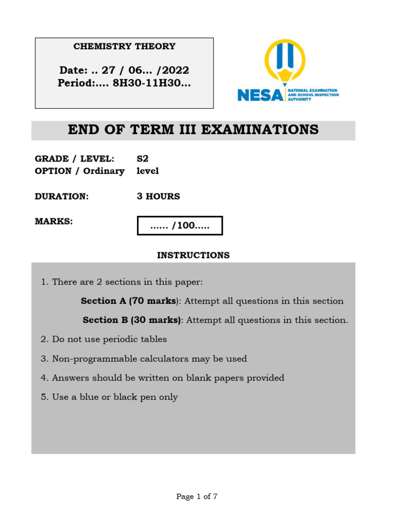 S2 Chemistry Exam Questions 2024 Term 3 | PDF | Oxide | Chemical Compounds