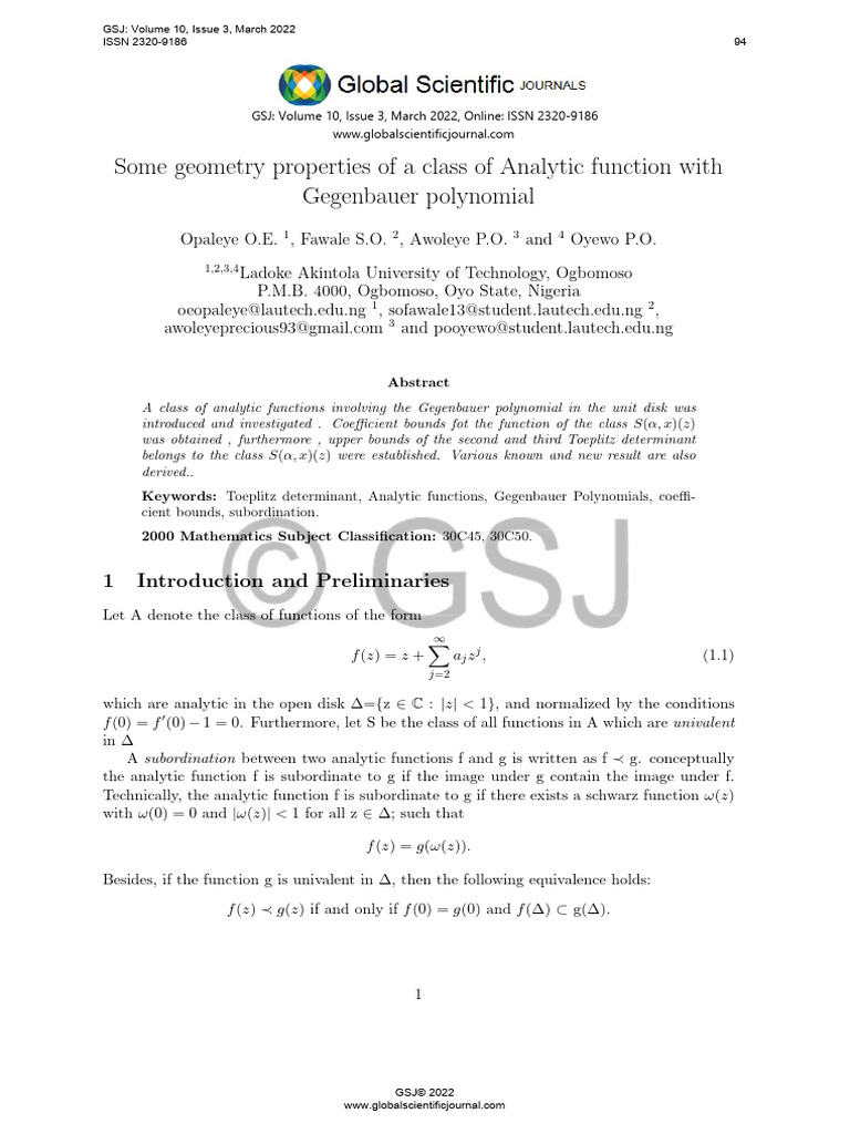Some Geometry Properties of A Class of Analytic Function With Gegenbauer Polynomial-1 | PDF ...