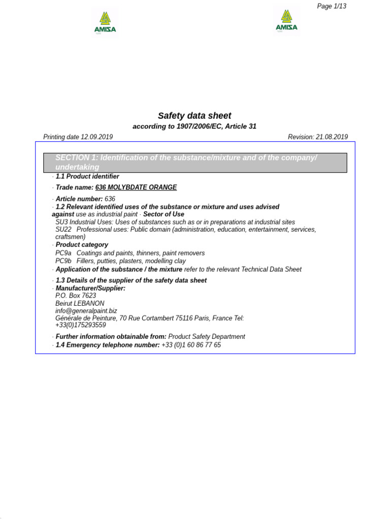 Safety Data Sheet for 636 Molybdate Orange | PDF | Toxicity | Dangerous ...