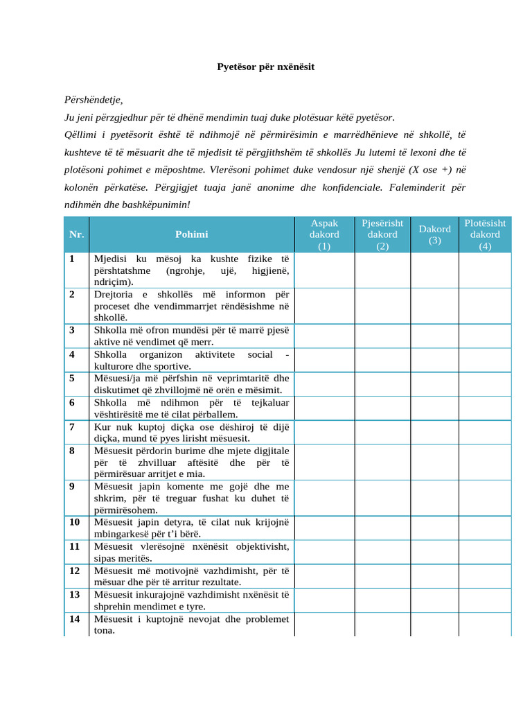 Pyetesor Me Nxënësin | PDF