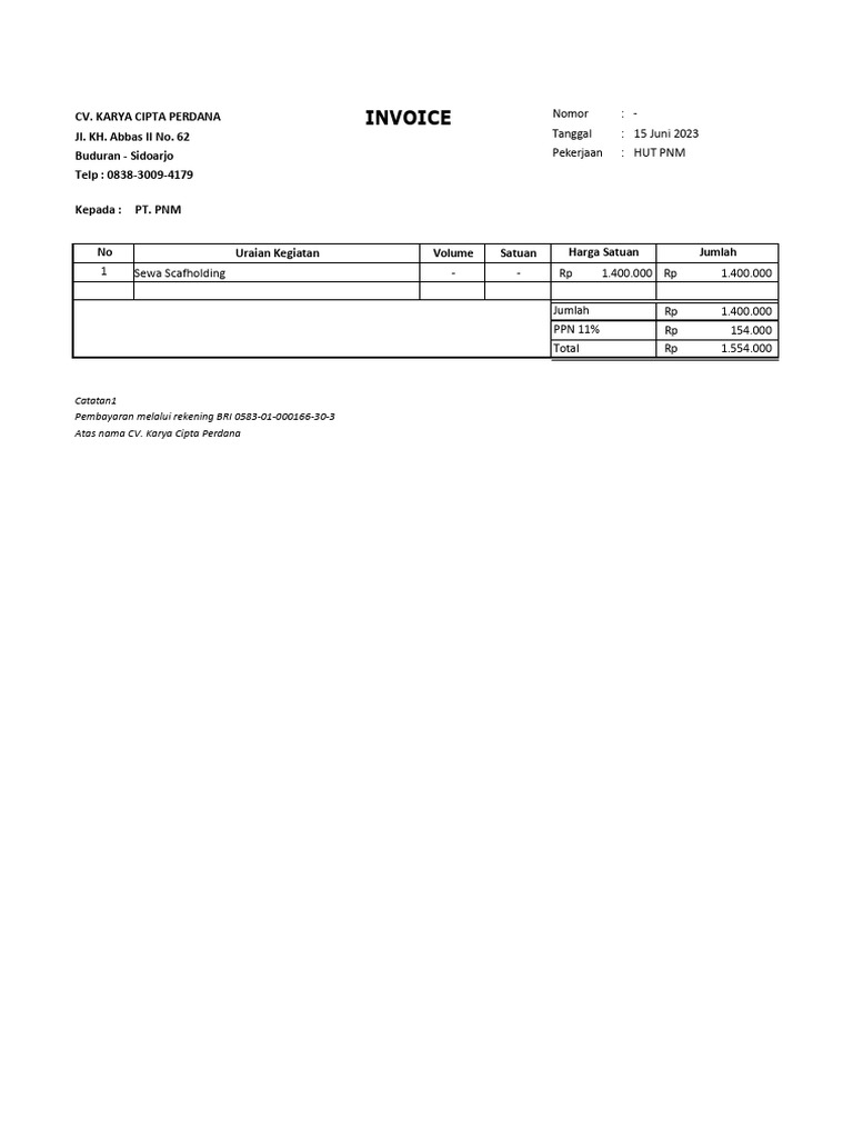 INVOICE HUT PNM Baru | PDF