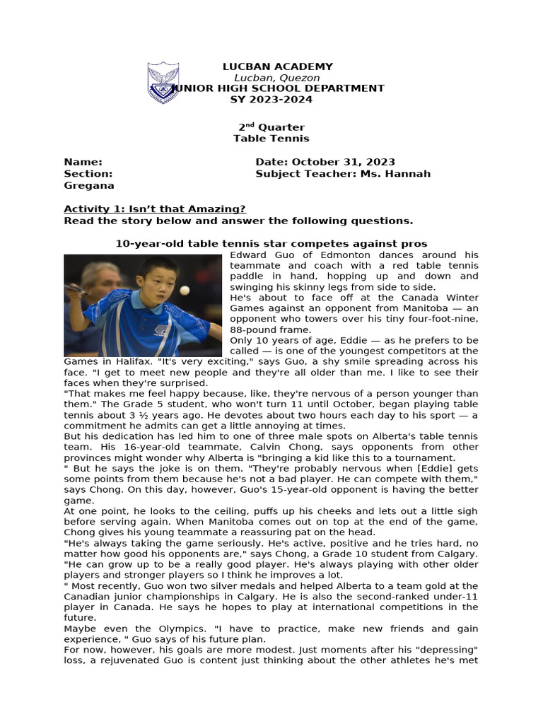 Activity 1and 2 Table Tennis | PDF | Sports & Recreation