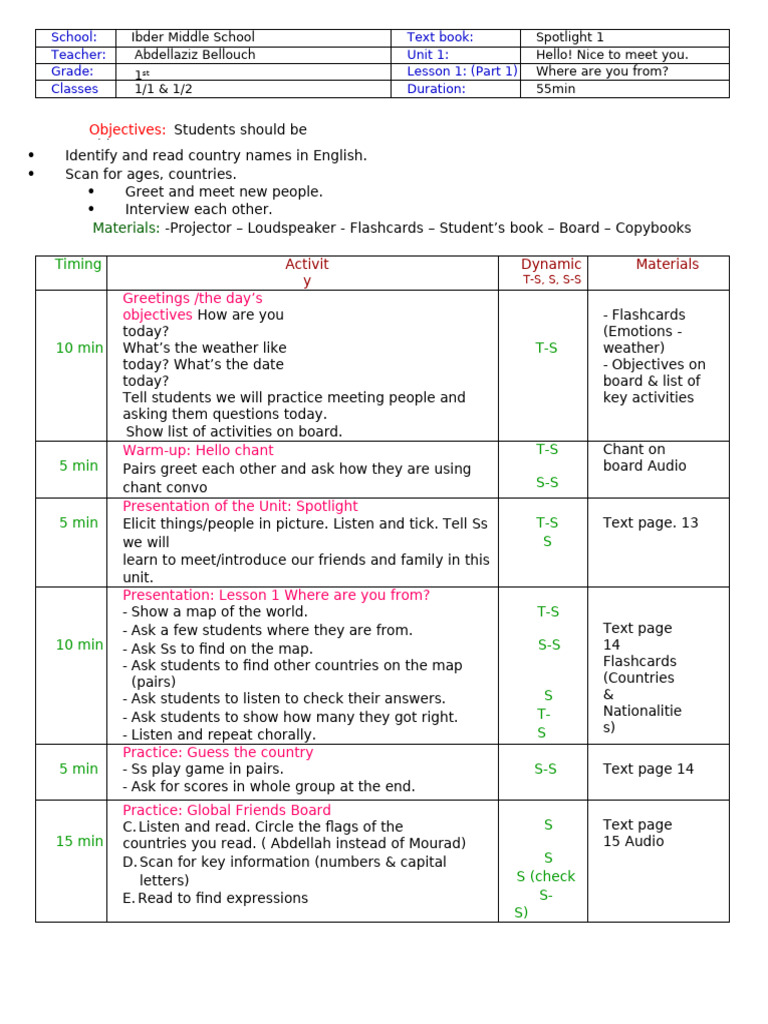 Spotlight 1 Lesson Plans Overview | PDF | Human Communication