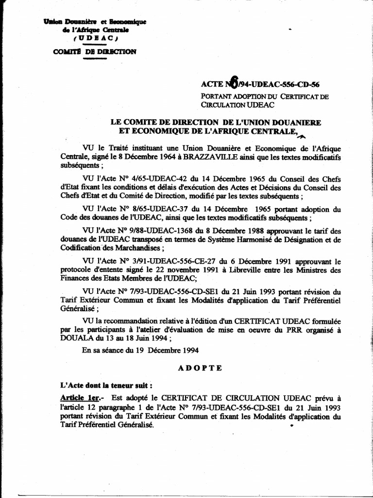 AC Portant Adoption Certificat Circulation UDEAC | PDF