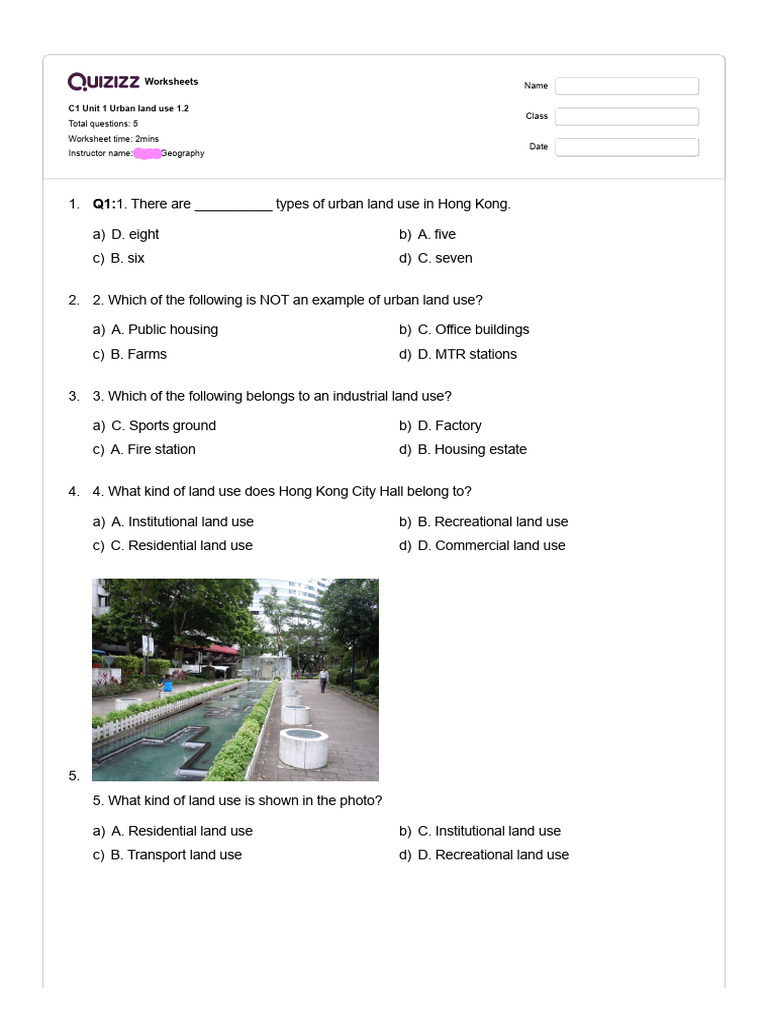 Urban Land Use Quiz Worksheet | PDF