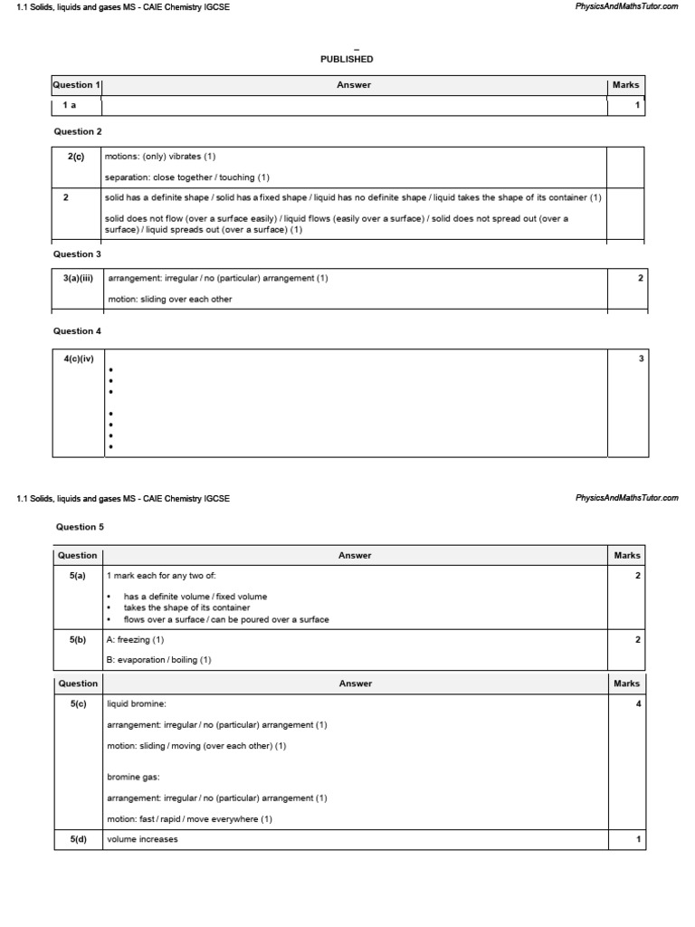 Cambridge IGCSE Mark Scheme: States of Matter | PDF | Liquids | Gases