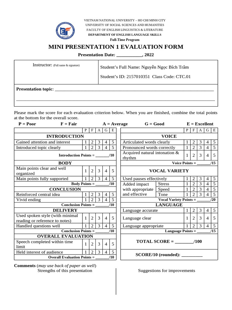 FT - MINI Presentation 1 Evaluation Form | PDF | English Language | Linguistics