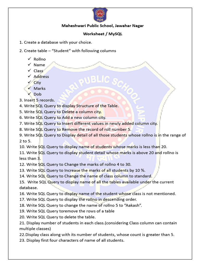 Mysql Worksheet 2024-25 | PDF | Computers