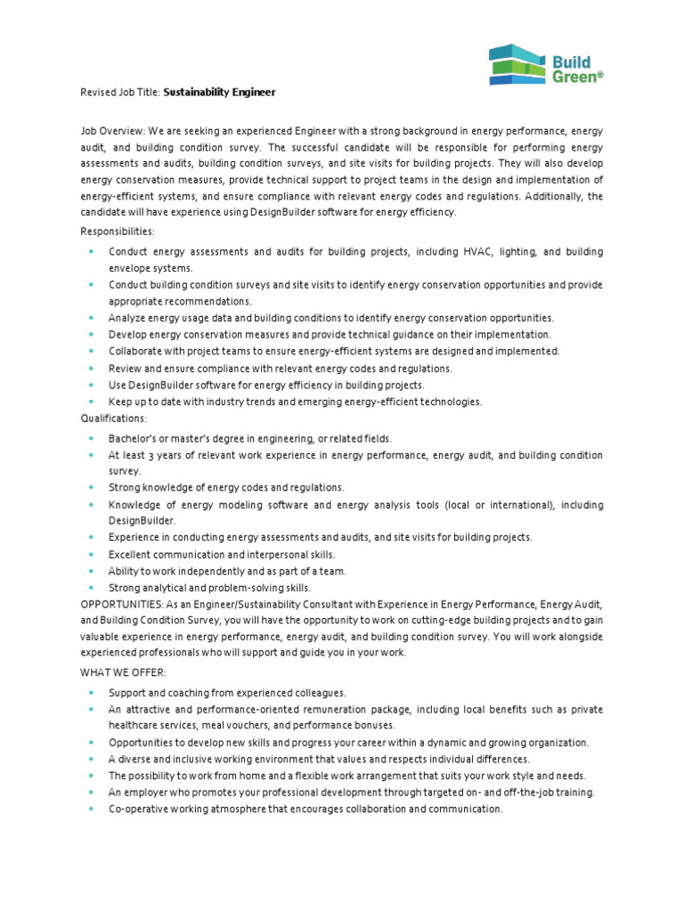 Sustainability Engineer Role | PDF | Energy Conservation | Efficient ...