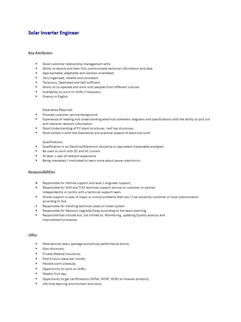 Solar Inverter Engineer Job Description | PDF