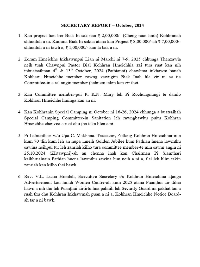 Secretary Report October - 114615 | PDF