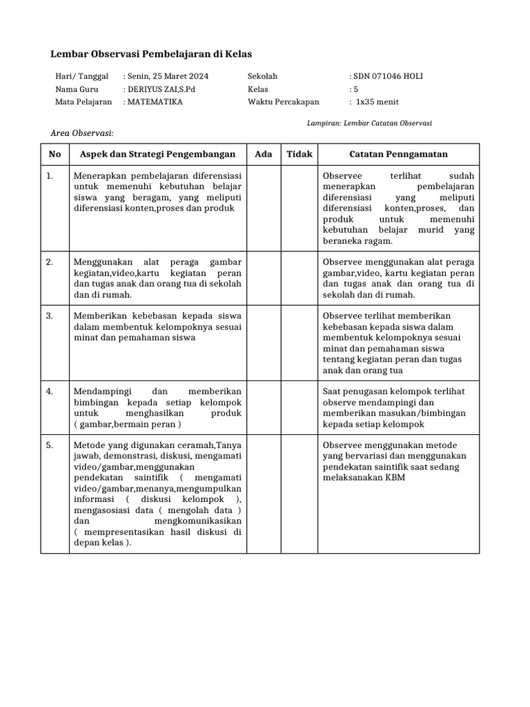 2 - Lembar Observasi Pembelajaran Di Kelas | PDF