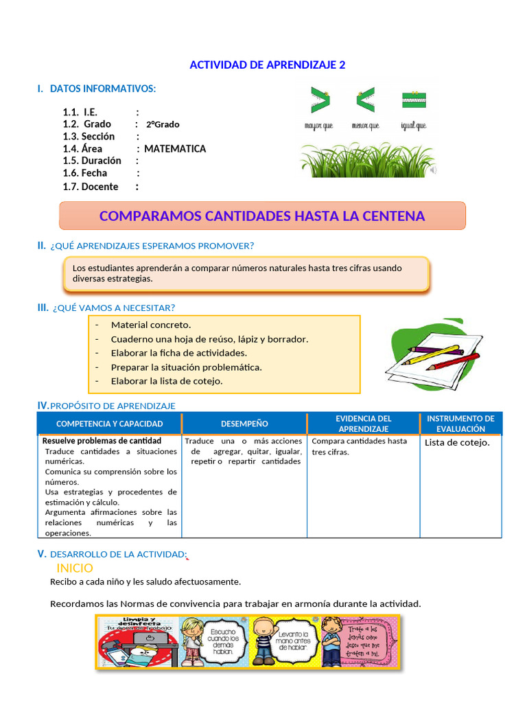D2 A1 Sesion Mat. Comparamos Cantidades Hasta La Centena | PDF | Ciencia cognitiva ...