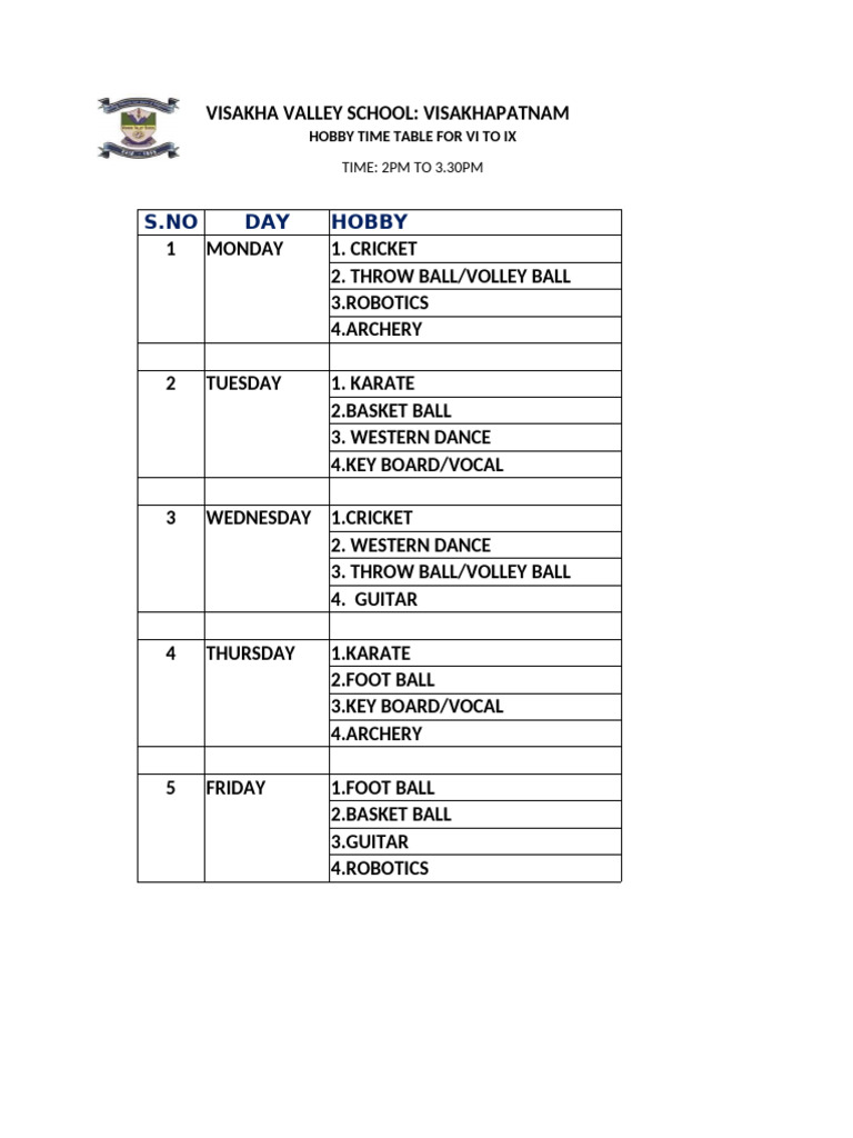 Hobby Class Time Table 6th To 9th 2 | PDF