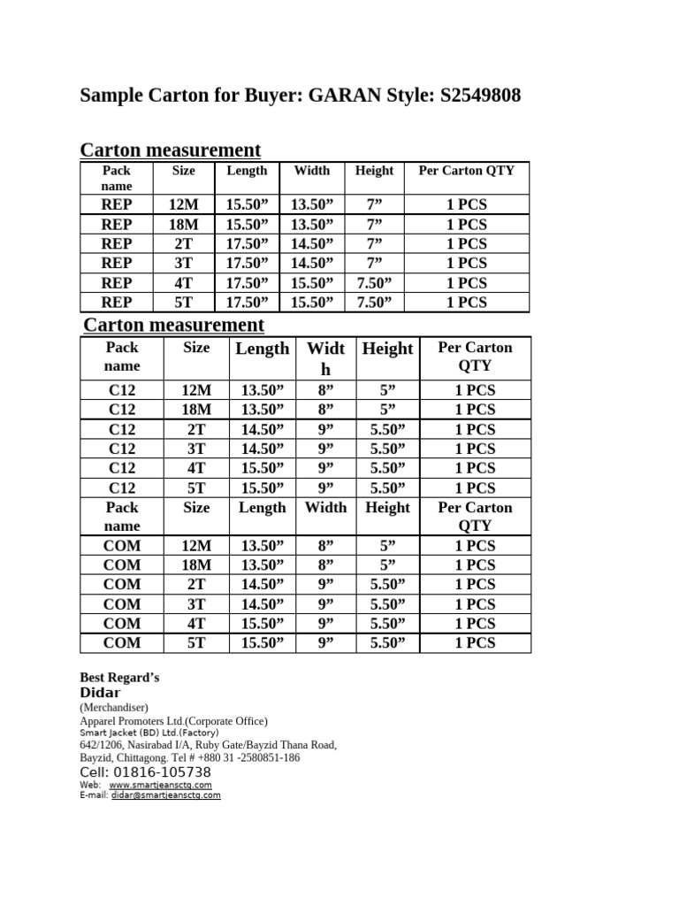 Sample Carton For Buyer: GARAN Style: S2549808 Carton Measurement | PDF