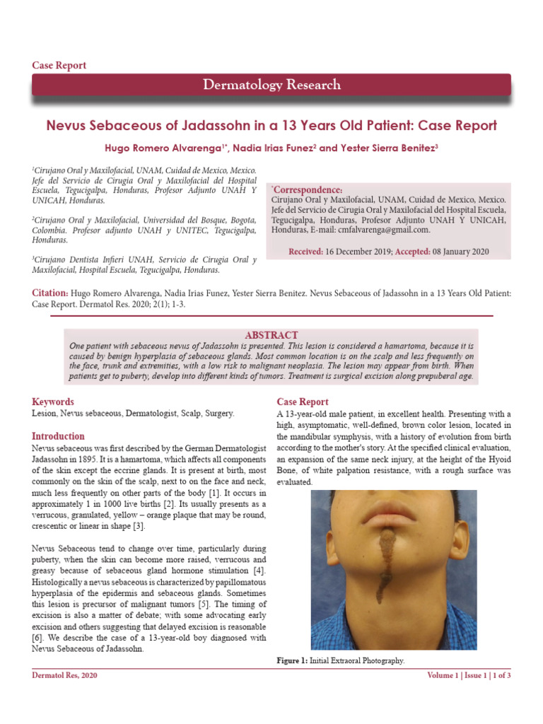 Nevus Sebaceous of Jadassohn in A 13 Years Old Patient Case Report | PDF | Neoplasms | Biopsy