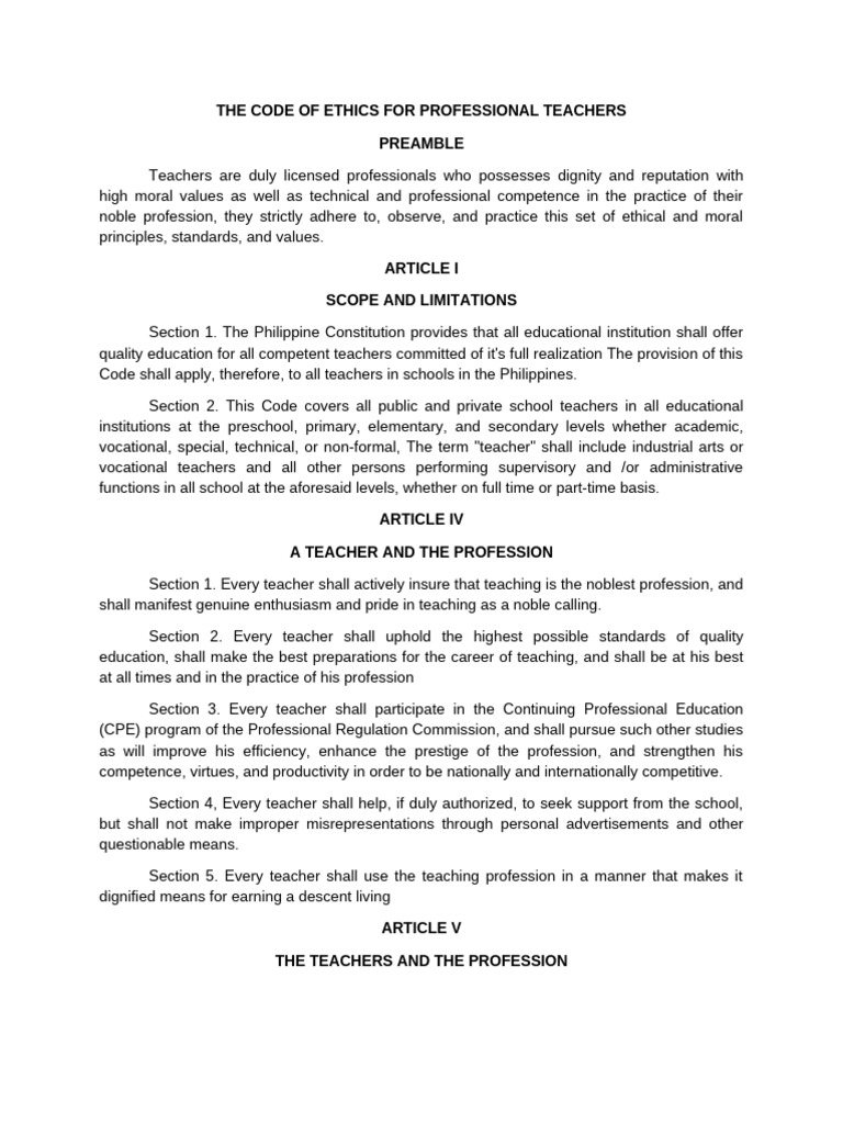 The Code of Ethics For Professional Teachers | PDF | Teachers | Profession