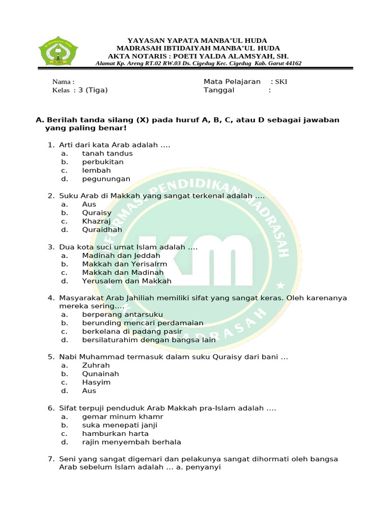 SOAL PAS SKI KELAS 3 MI - KMA 183 - Kamimadrasah | PDF