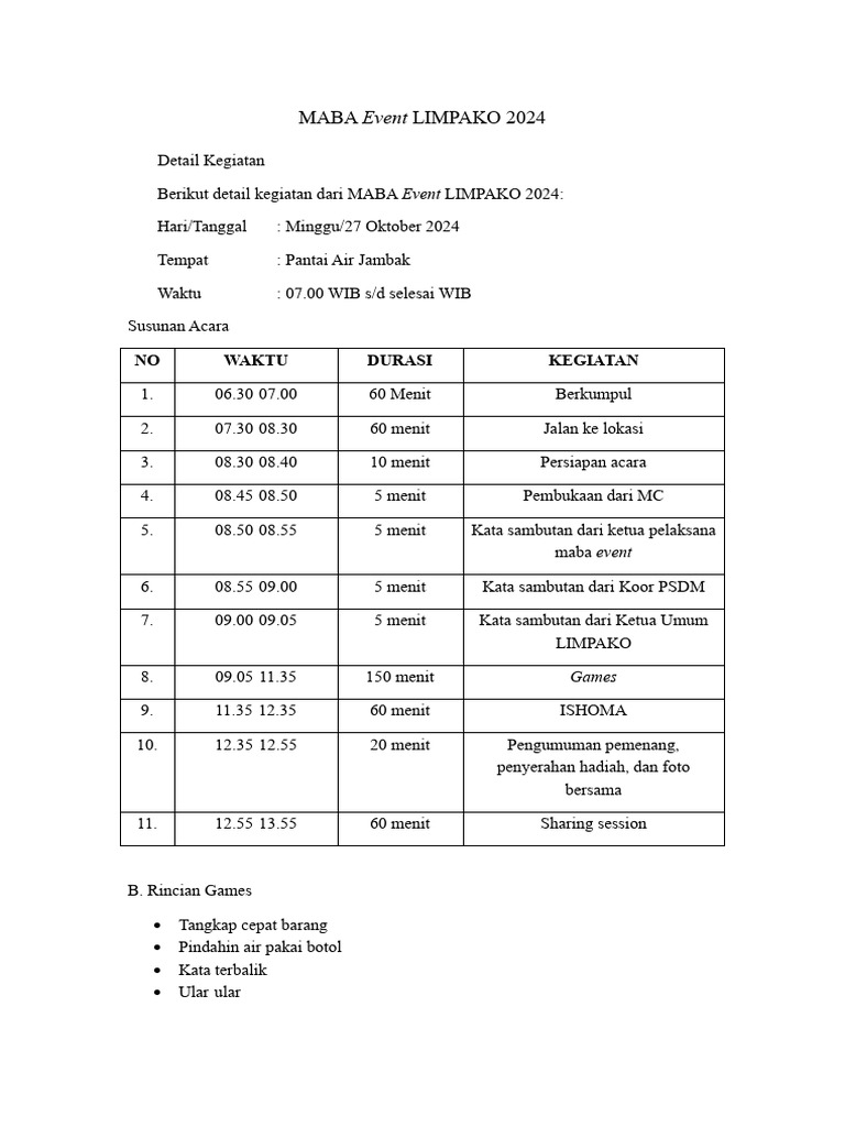 Rundown Maba Event Limpako 2024 | PDF