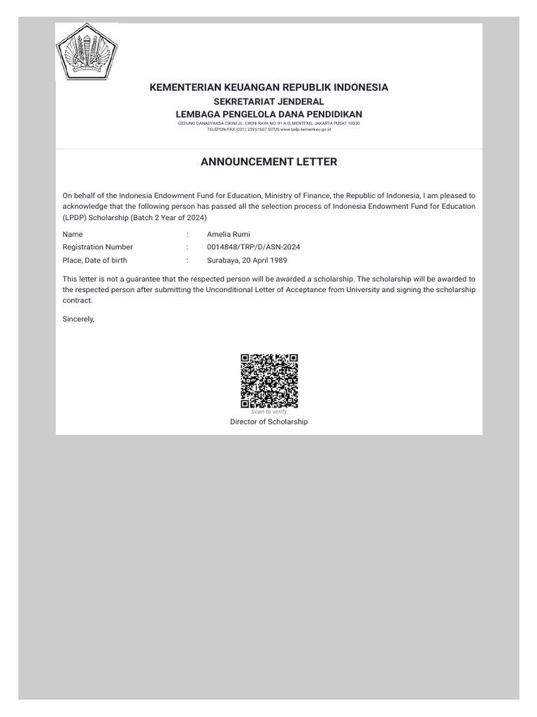 LPDP Scholarship Selection Passing Certificate - 7271016004890007 - Amelia Rumi | PDF