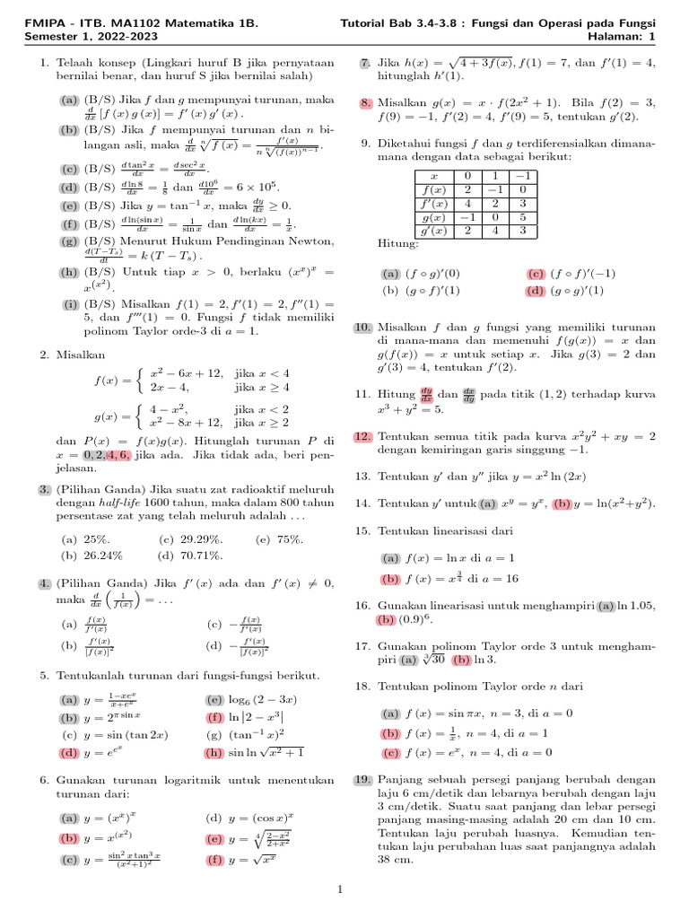 Tutorial Matematika 1B: Fungsi dan Turunan | PDF