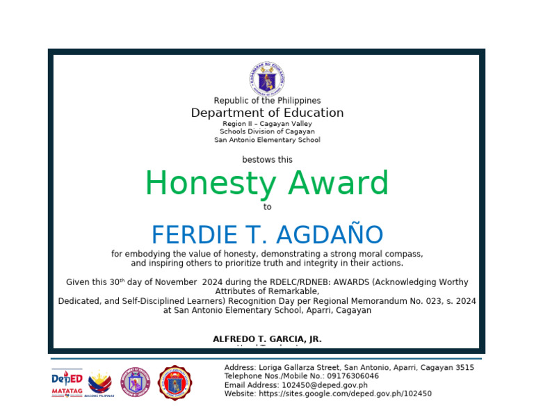 Awards Certificate Honesty | PDF
