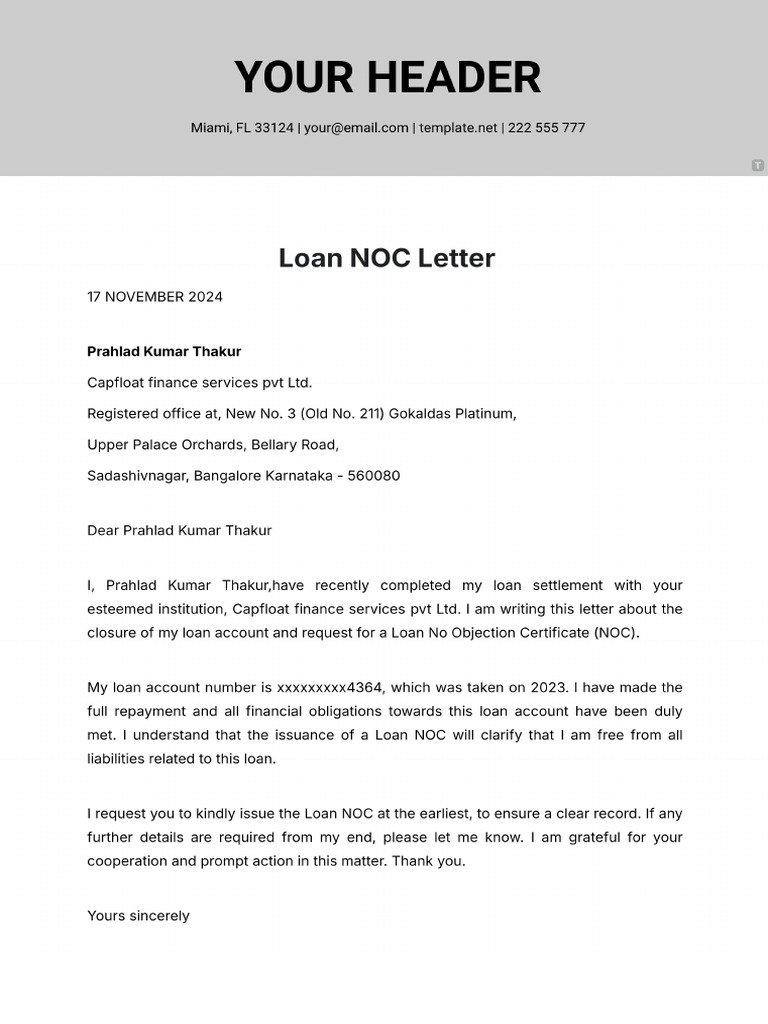 Free Loan NOC Letter | PDF